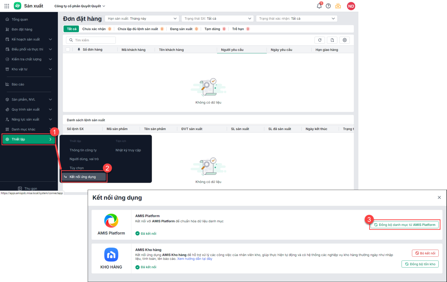 Kết nối với AMIS Platform: Đồng bộ dữ liệu danh mục – AMIS Sản xuất