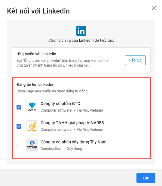 Tích hợp với Linkedin để tự động đăng tin tuyển dụng lên page của doanh ...